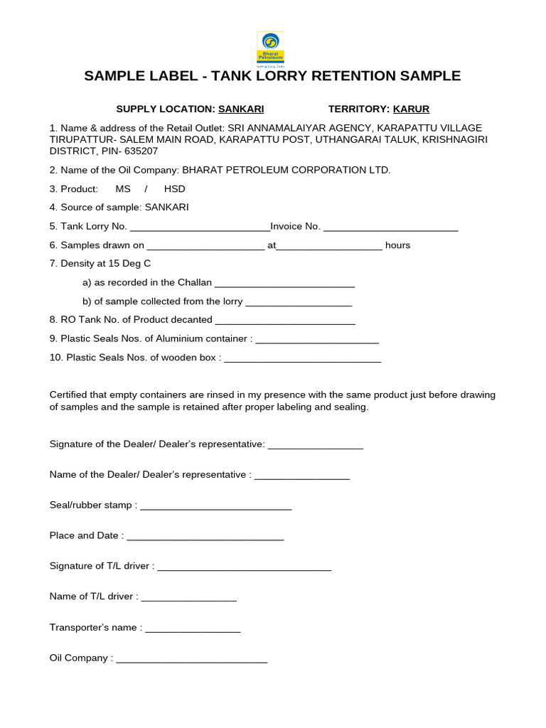 TANK LORRY RETENTION LABEL- DEALER | PDF