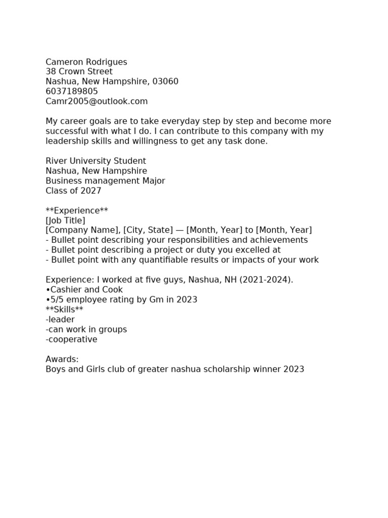 Job Resume, Cameron Rodrigues | PDF | Business | Finance & Money Management