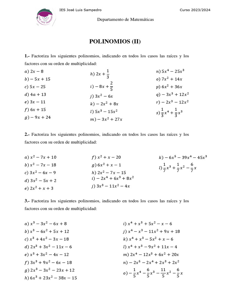 Ejercicios de Repaso de Matemáticas | PDF | Factorización | Matemáticas