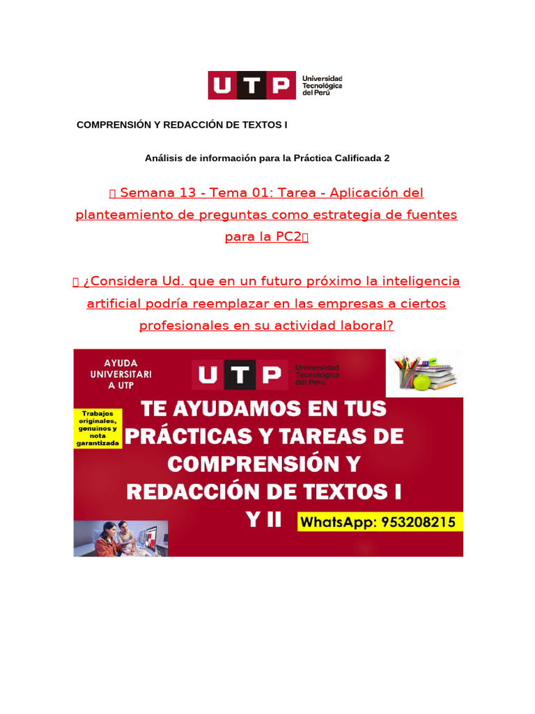 ? Semana 13 - Tema 01 Tarea - Aplicación Del Planteamiento de Preguntas Como Estrategia de ...