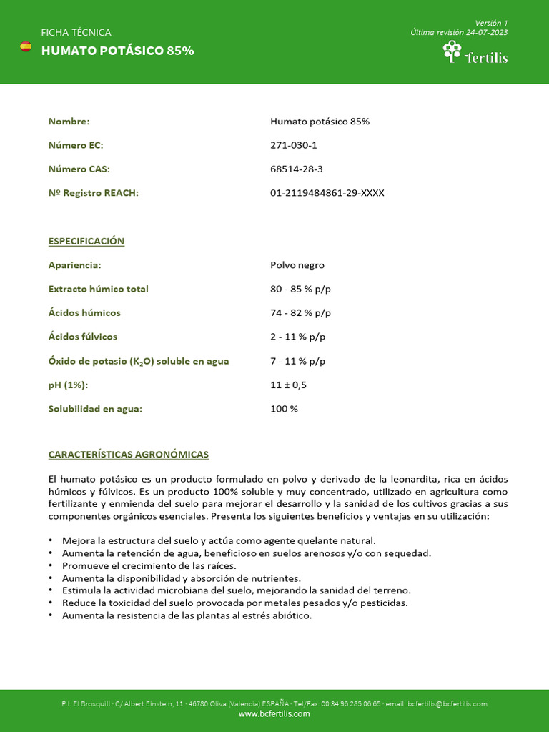 FT - Humato Potasico 85 - PT100889 Es Fe - V.1 24.07.2023 | PDF ...