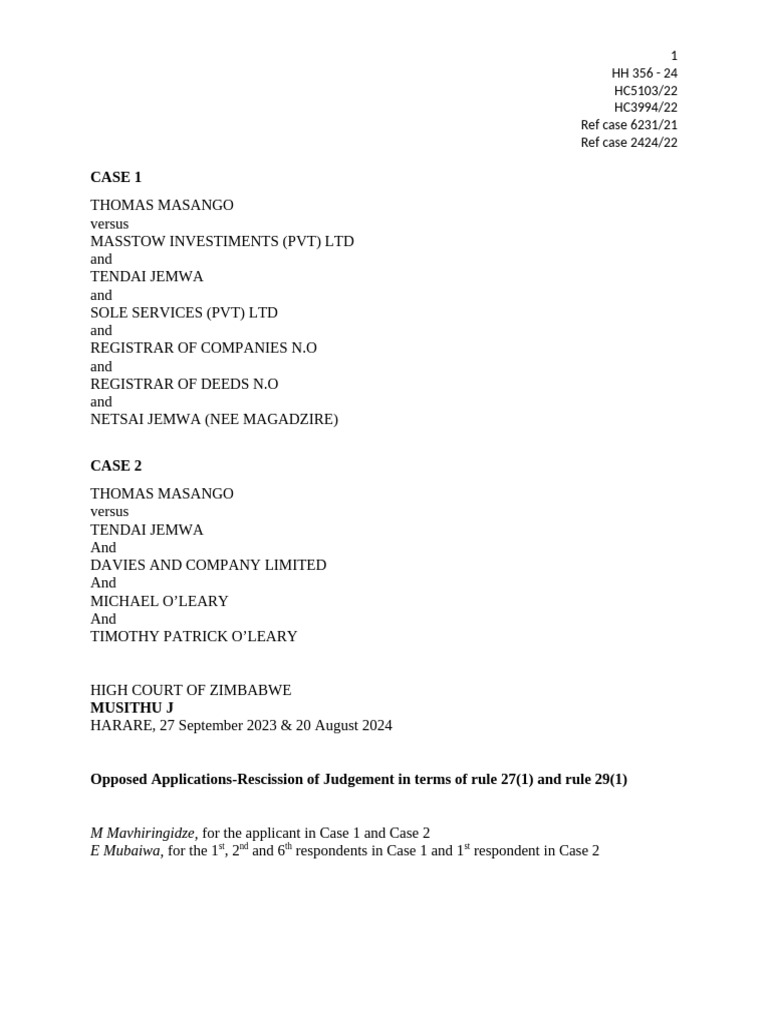 MASANGO V MASSTOW INVESTIMENTS (PVT) LTD and OTHERS (356 of 2024) 2024 ZWHHC 356 (20 August 2024 ...
