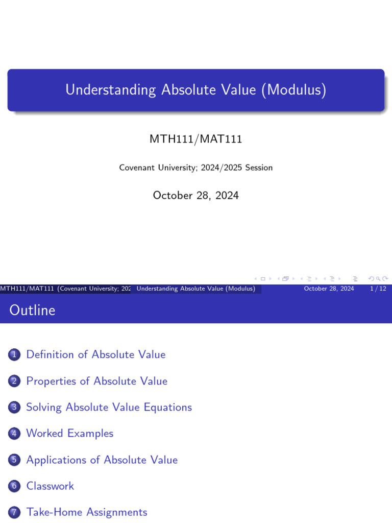 Absolute Value Guide for Students | PDF | Complex Number | Mathematical Objects