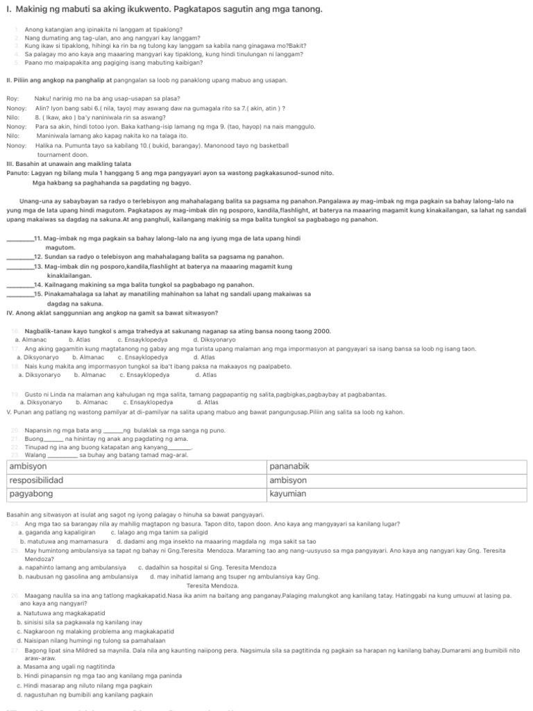 I. Makinig NG Mabuti Sa Aking Ikukwento. Pagkatapos Sagutin Ang Mga | PDF