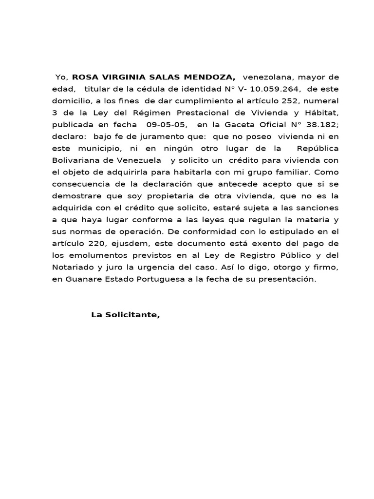 Decl. Jurada de No Poseer Vivienda | PDF | Documento de identidad ...