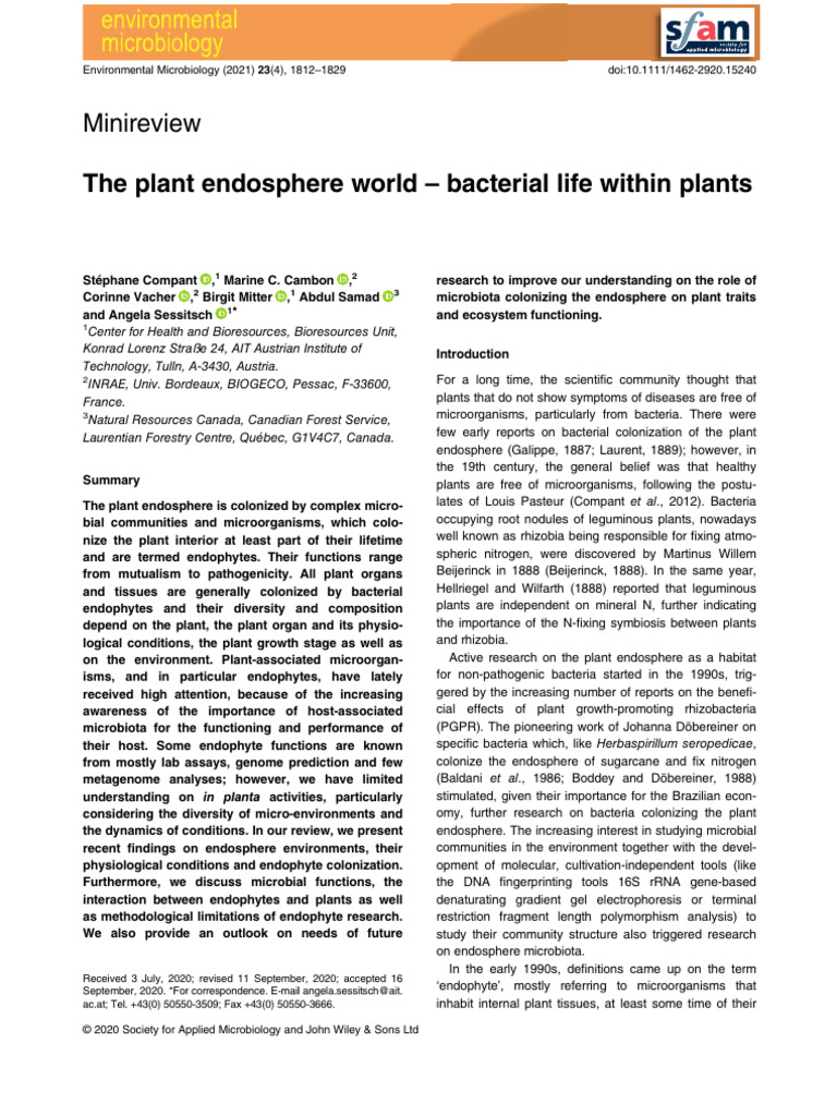 Environmental Microbiology 2020 Compant The Plant Endosphere World Bacterial Life Within