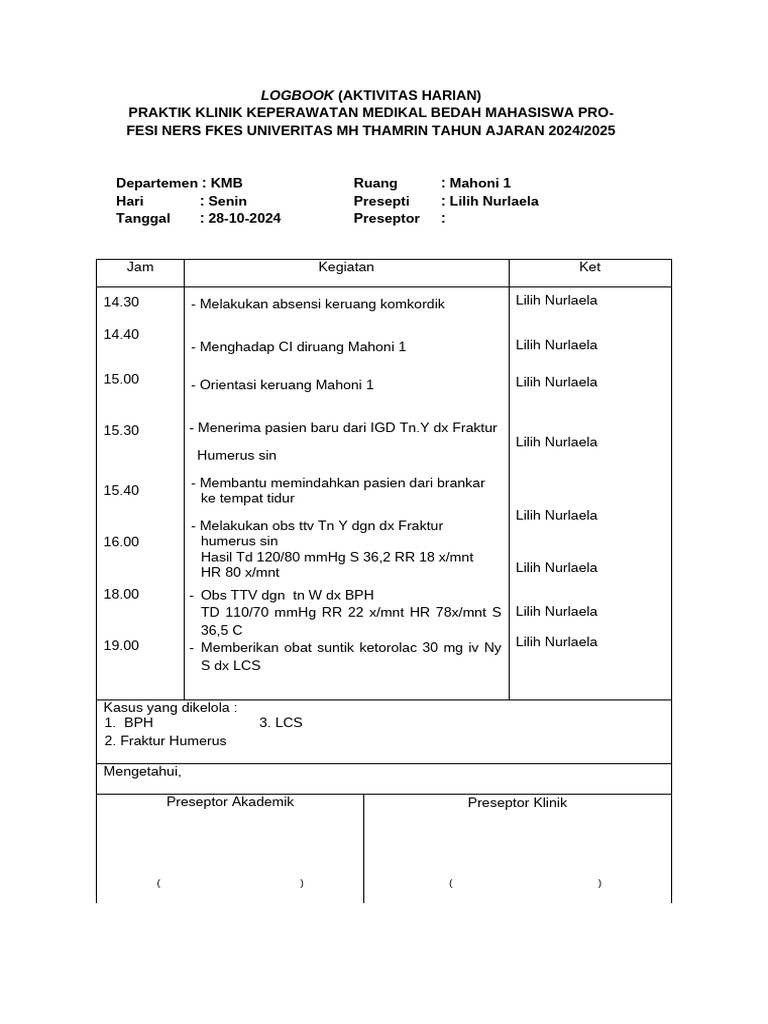 Logbook Praktik Klinik Keperawatan 2024 | PDF