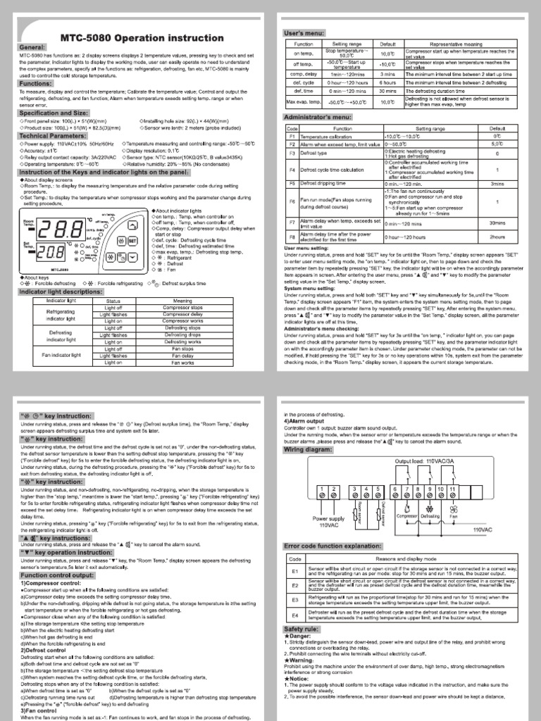 Elitech MTC-5080 Digital Temperature Controller Universal Thermostat User Manual - 121519 | PDF