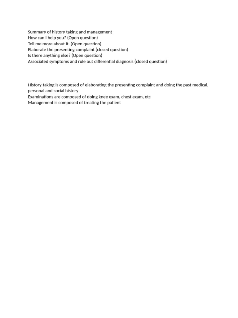 Summary of History Taking and Management | PDF