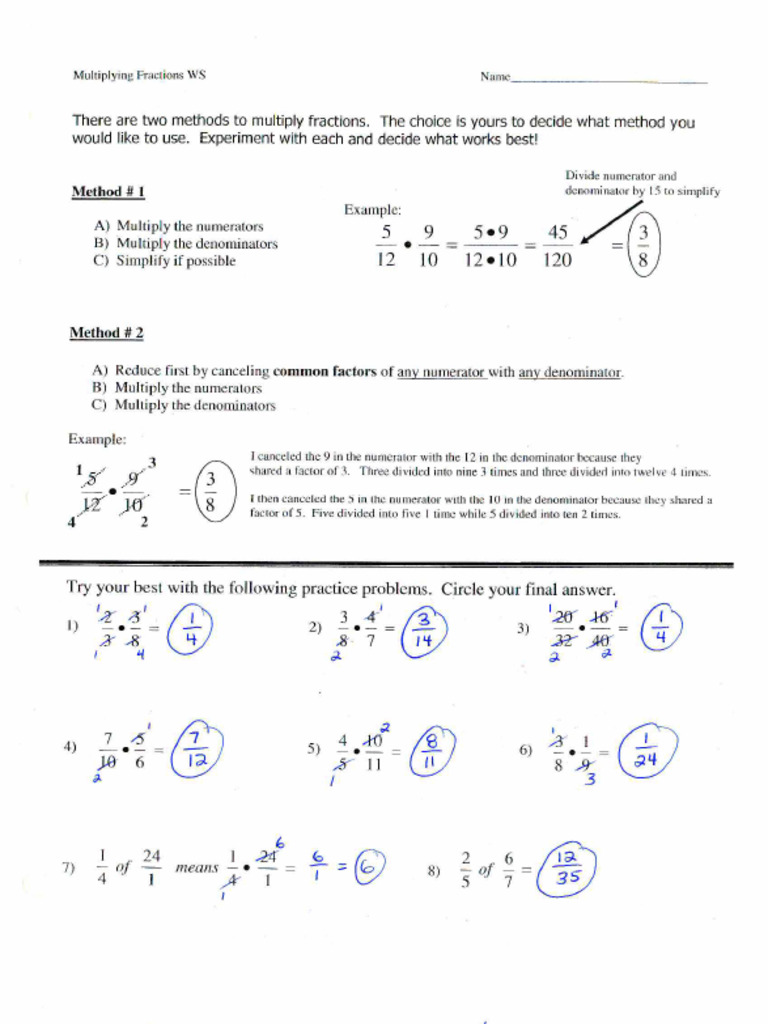 Notes Multiplying Fractions WS (ANSWERS) | PDF