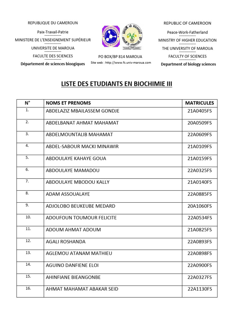 Liste Des Etudiants en Biochimie Iii: #Noms Et Prenoms Matricules | PDF