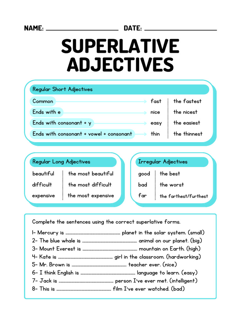 Superlative Adjectives Grammar Worksheet | PDF | Language Arts & Discipline