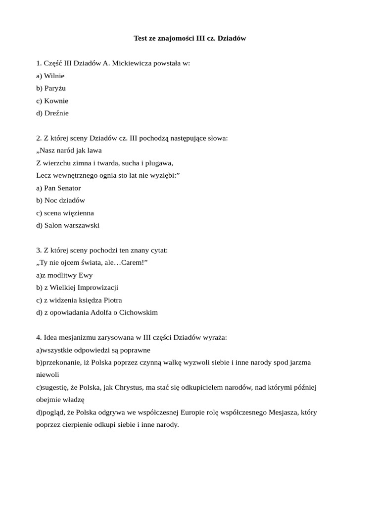 Dziady Cz. III - Zadania 1 | PDF