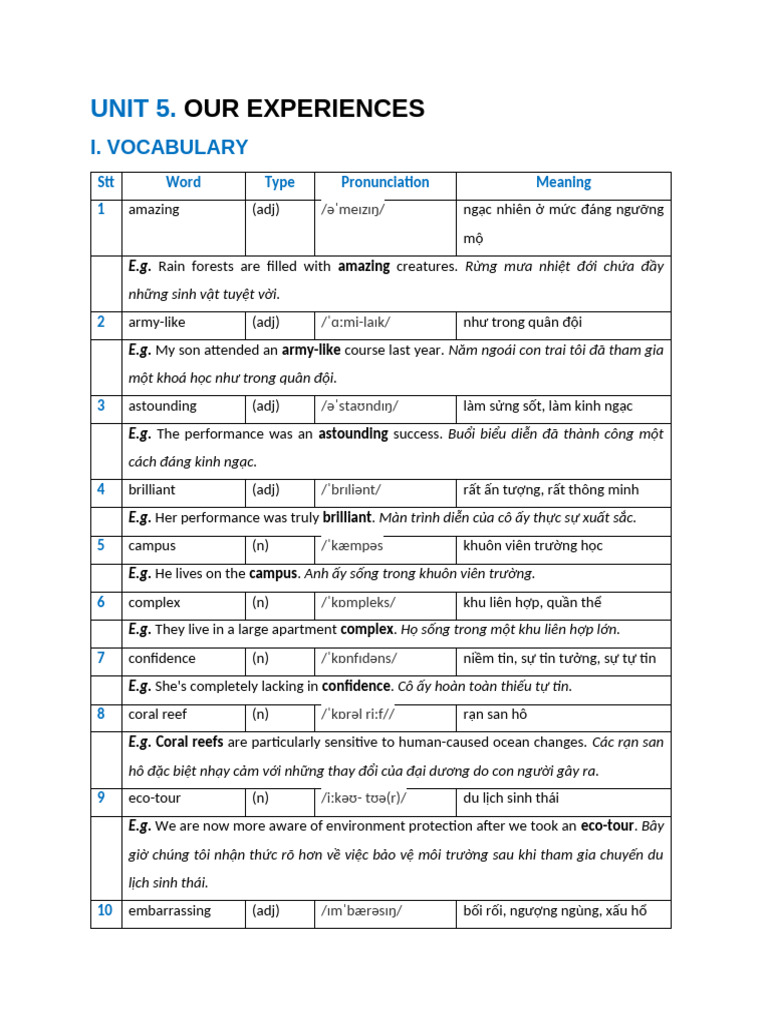 Chuyên Sâu NG Pháp Và T V NG Global Success 9 UNIT 5. OUR EXPERIENCES | PDF