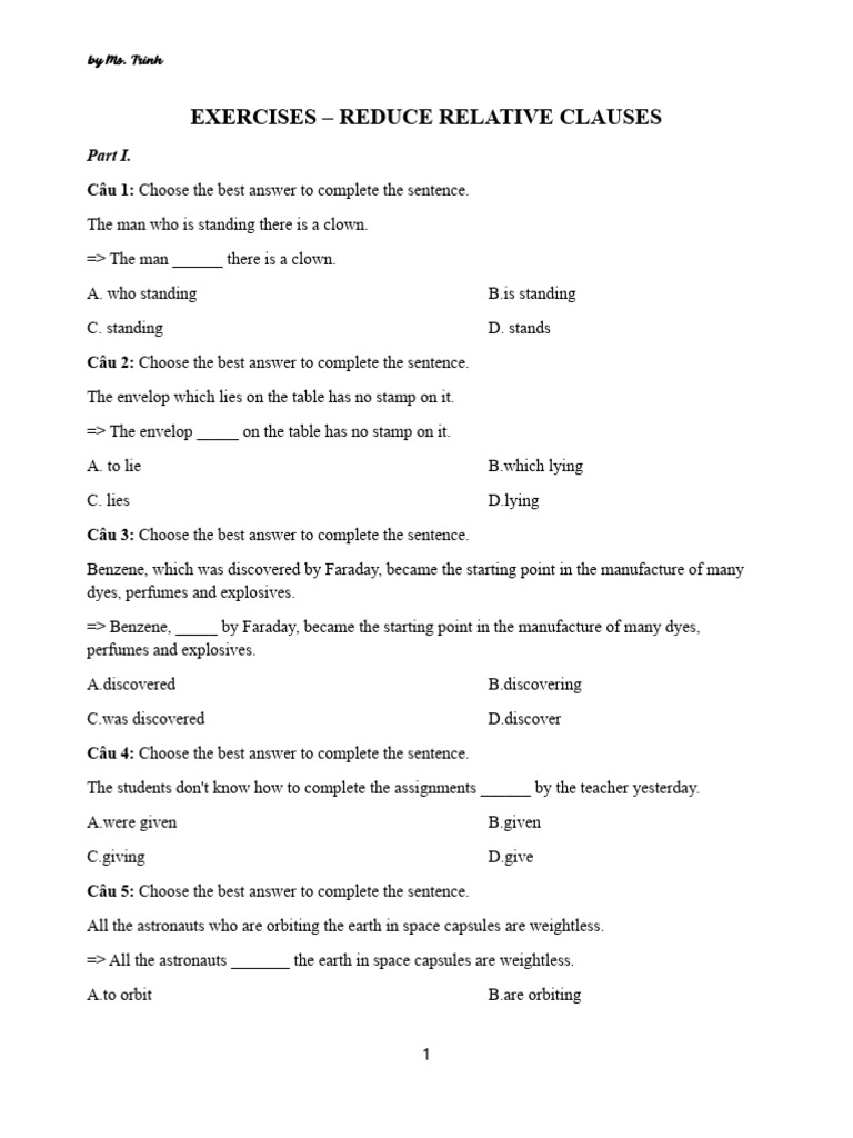 Exercises - Reduce Relative Clauses | PDF