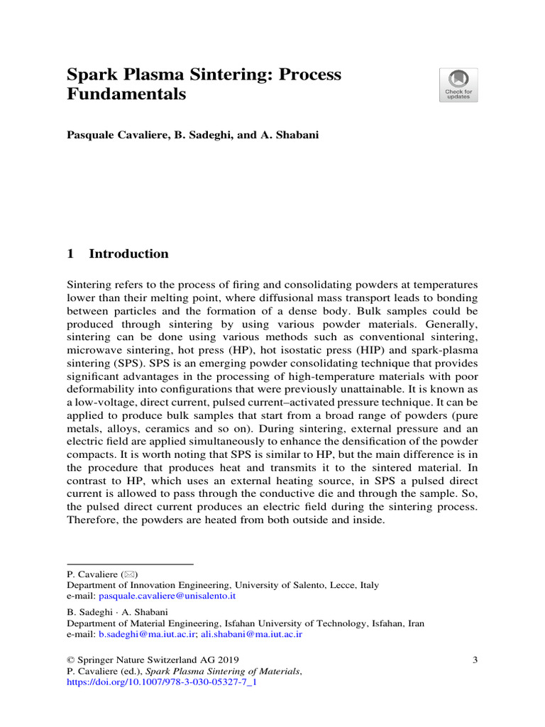 Spark Plasma Sintering: Process Fundamentals: Pasquale Cavaliere, B. Sadeghi, and A. Shabani ...