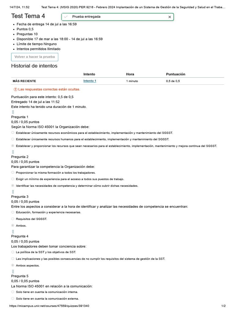 Test Tema 4 - (MSIG 2020) PER 9216 - Febrero 2024 Implantación de Un ...