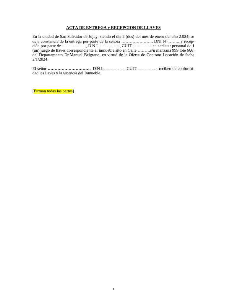 Acta de Entrega y Recepcion de Llaves Modelo | PDF