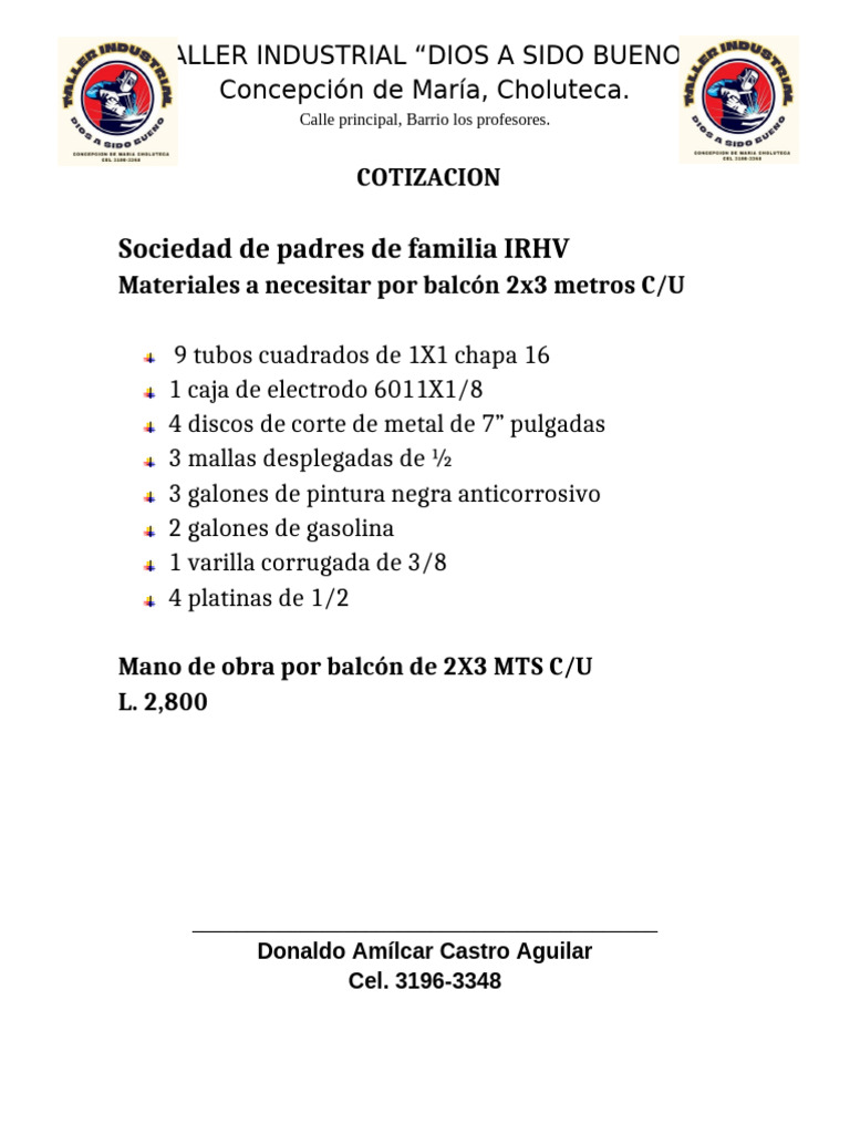 Cotización para Taller Industrial IRHV | PDF