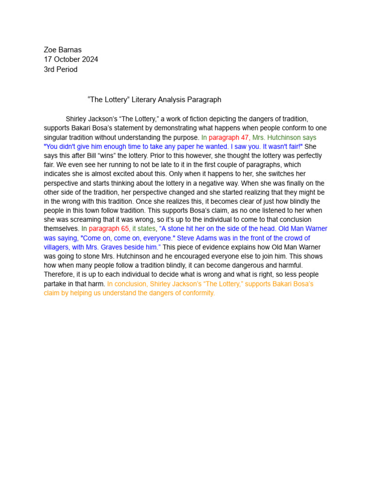 Zoe Barnas - The Lottery - Literary Analysis-Final Draft | PDF