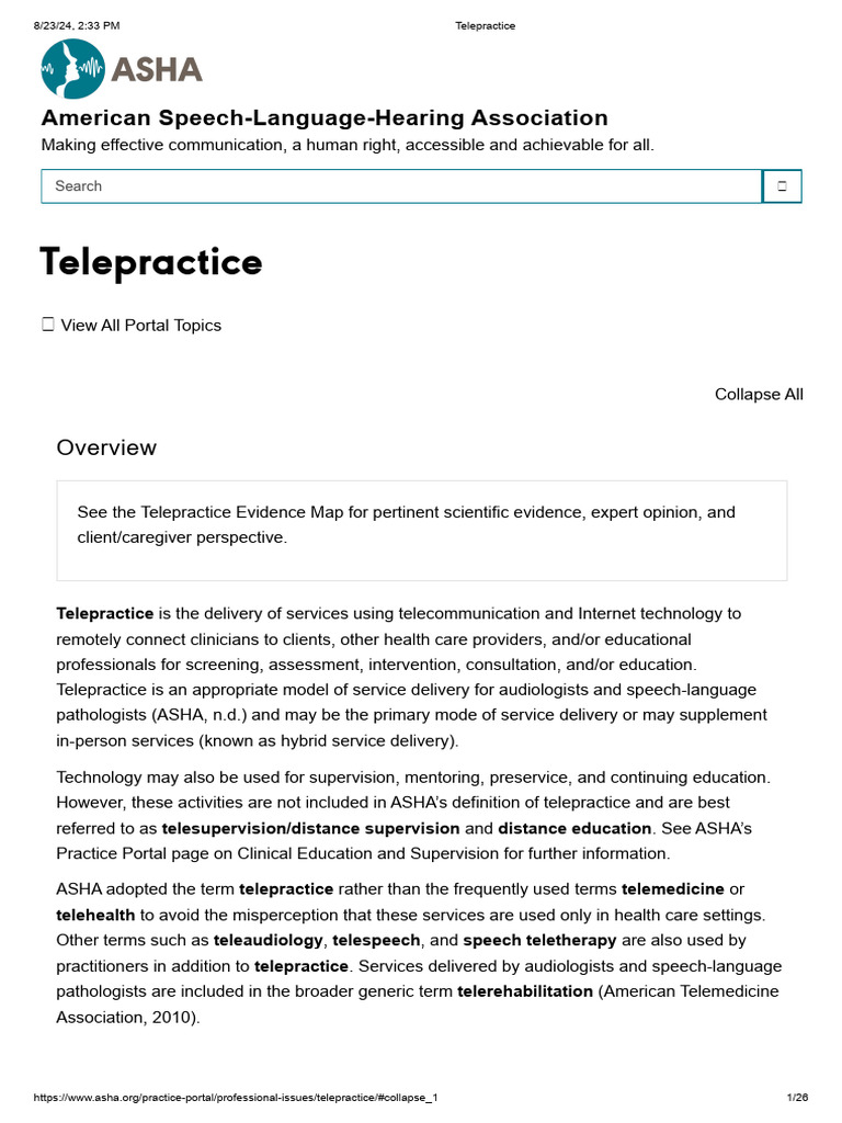 Telepractice Guidelines for ASHA Professionals | PDF | Audiology ...