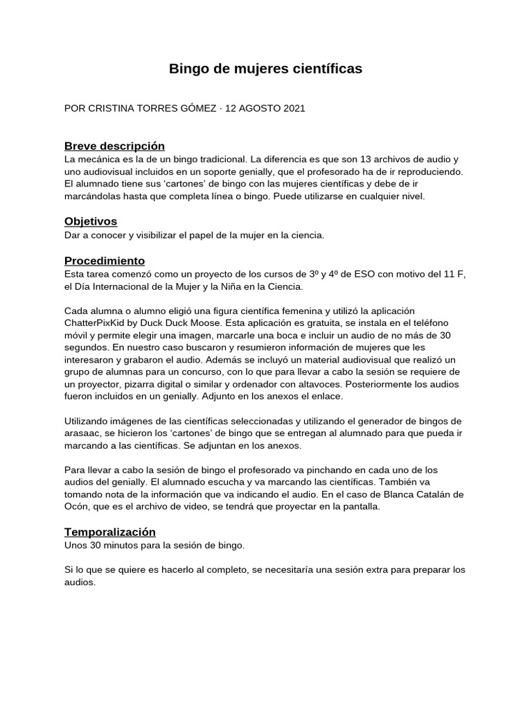 Bingo de Mujeres Científicas | PDF | Informática