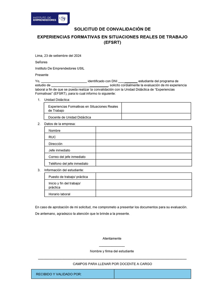 Solicitud Convalidación EFSRT USIL | PDF