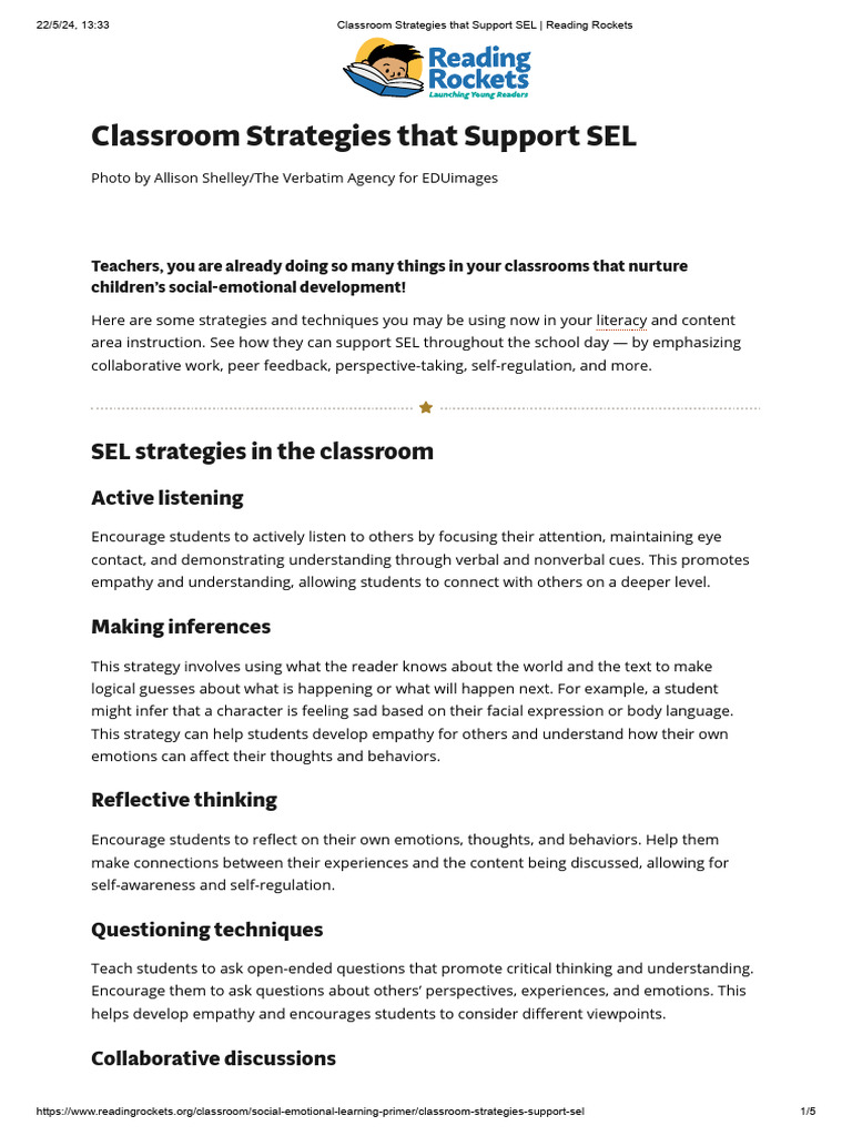 2 Classroom Strategies That Support SEL - Reading Rockets | PDF ...