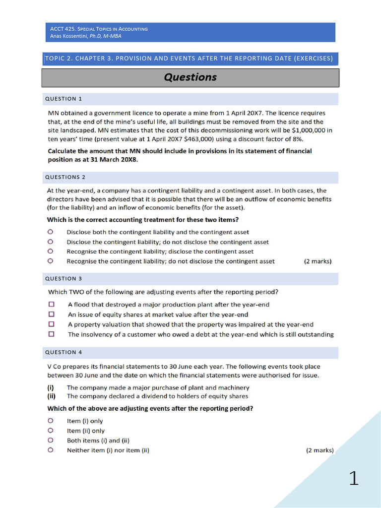 Chapter 3. Provision and Events After The Reporting Date (Exercises) | PDF