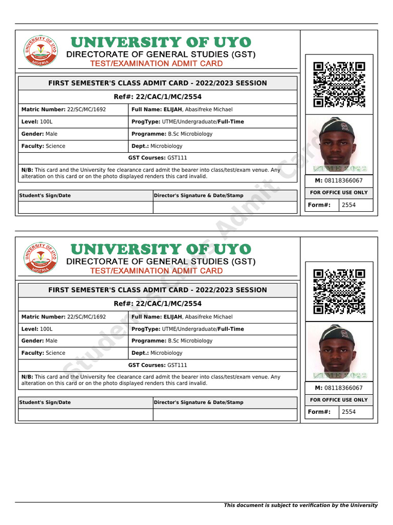 2022/2023 Class Admit Card for Microbiology | PDF | Educational Stages | Qualifications