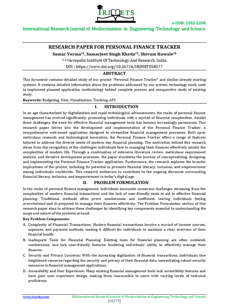 Personal Finance Tracker Research Paper | PDF | Usability | Databases