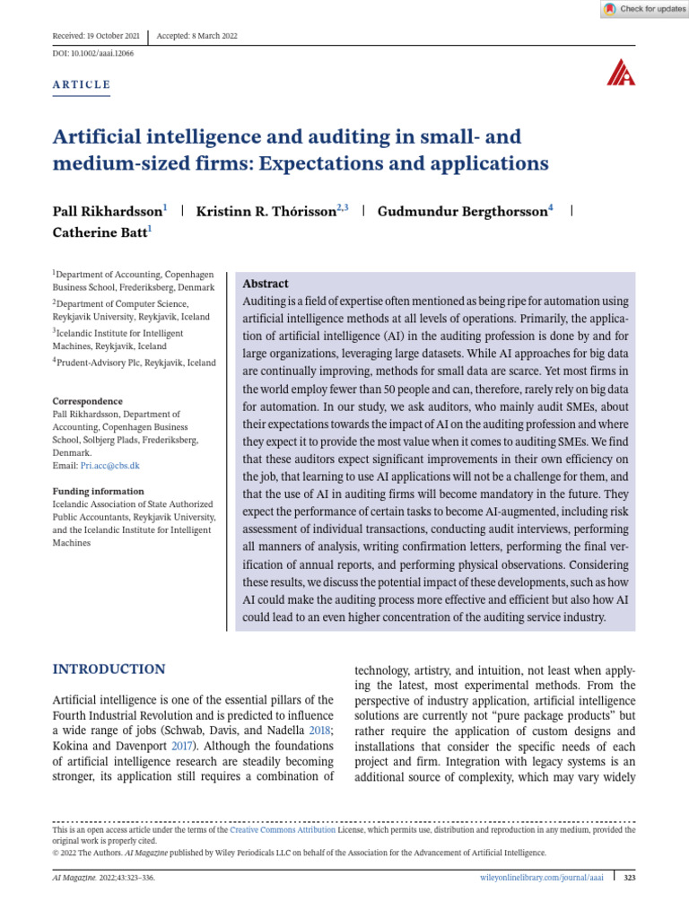AI Magazine - 2022 - Rikhardsson - Artificial Intelligence and Auditing in Small and Medium ...