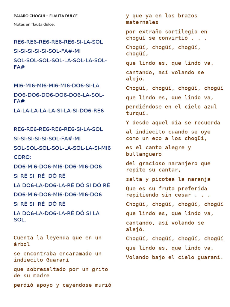 Notas y leyenda del pájaro chogüí | PDF