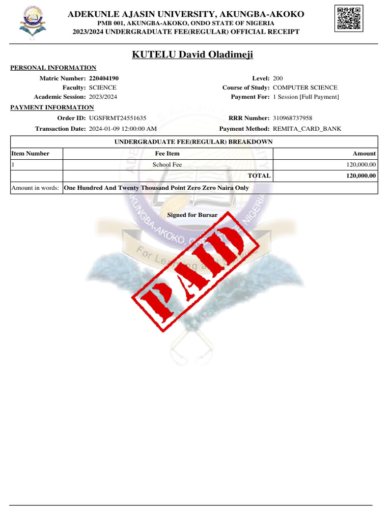 Kutelu David Oladimeji 200 Undergraduate Fee(Regular) Receipt | PDF