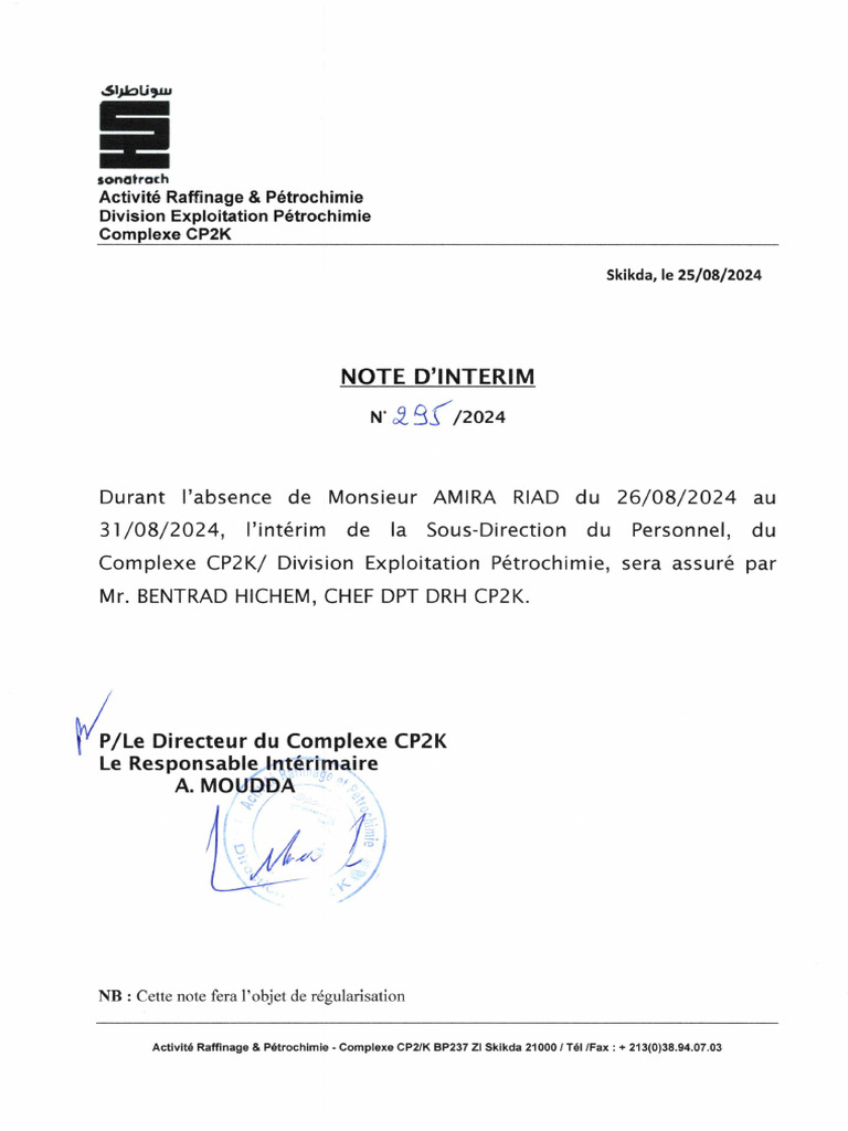Note D'interim #295-2024 de La Sous-Direction Du Personnel CP2K. | PDF