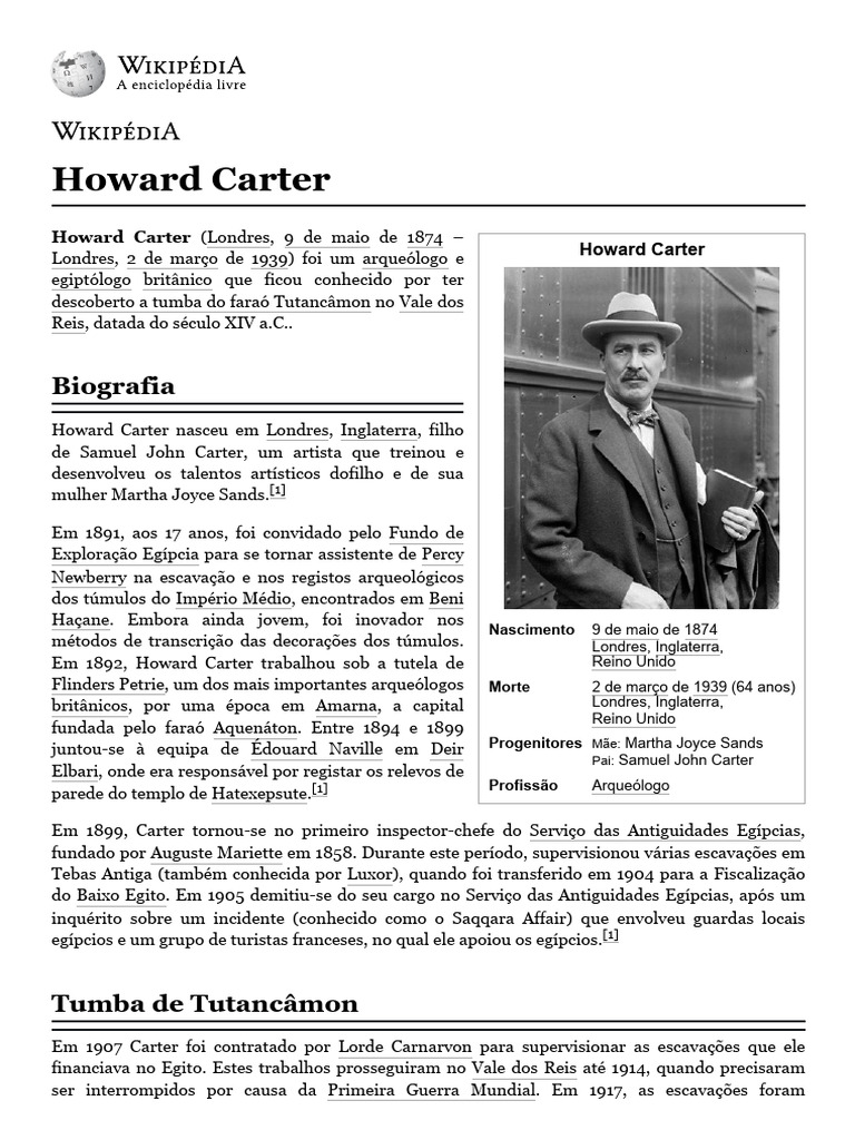 Biografia de Howard Carter | PDF | Décima Oitava Dinastia do Egito ...