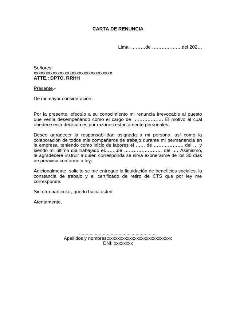 CARTA DE RENUNCIA - Modelo2 | PDF