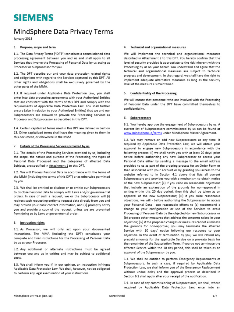 MindSphere DataPrivacyTerms - PD | PDF | Access Control | Computer Network