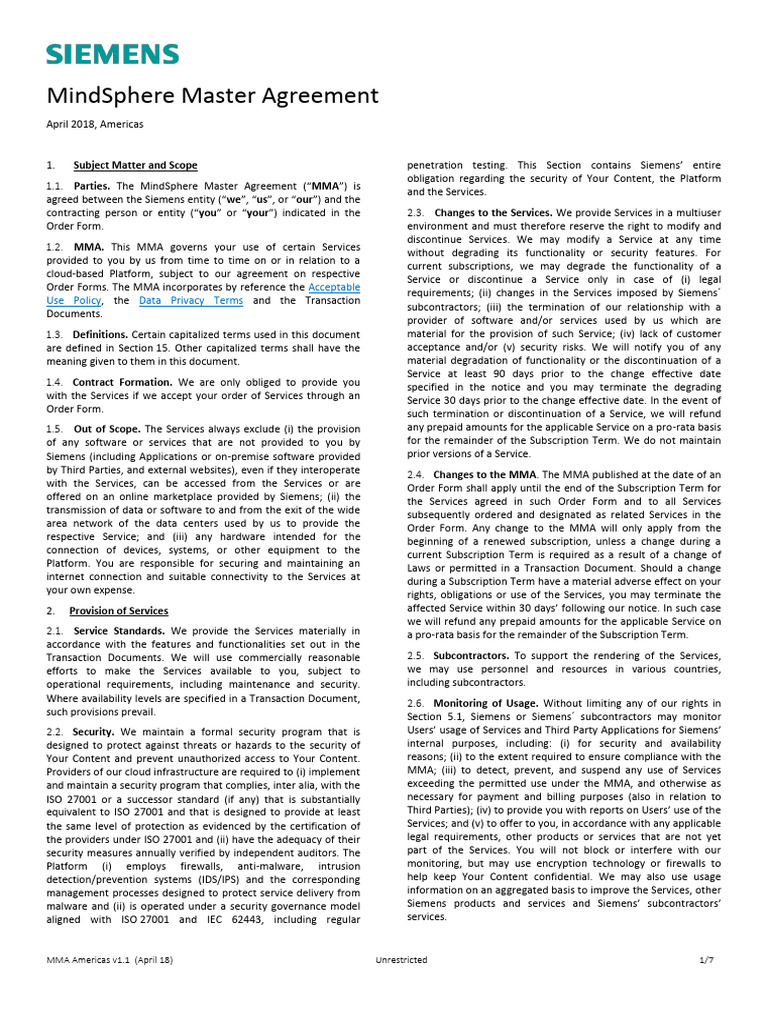 MindSphere MasterAgreement Americas | PDF | Taxes | Breach Of Contract