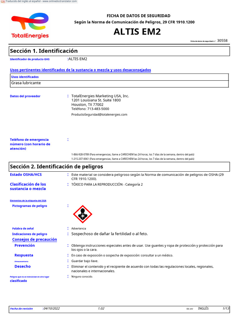 Ficha de Seguridad ALTIS EM2: Peligros y Uso | PDF | Química