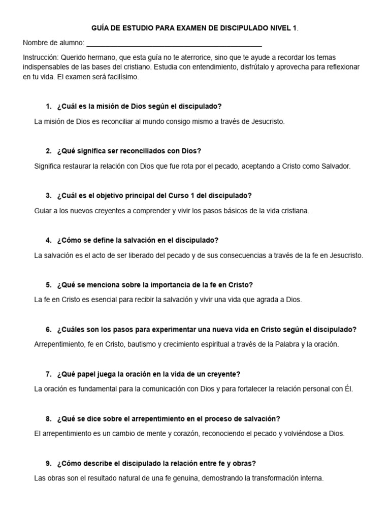 GUÍA DE ESTUDIO PARA EXAMEN DE DISCIPULADO NIVEL 1 | PDF | Cristo (título) | Fe