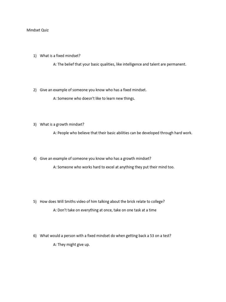Mindset Quiz: Fixed vs. Growth | PDF | Self-Improvement | Science ...