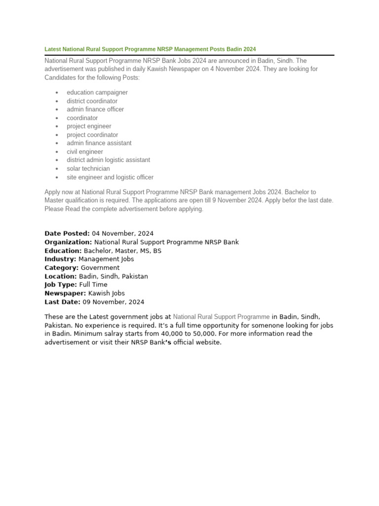 National Rural Support Programme NRSP Badin Jobs 2024 | PDF | Business