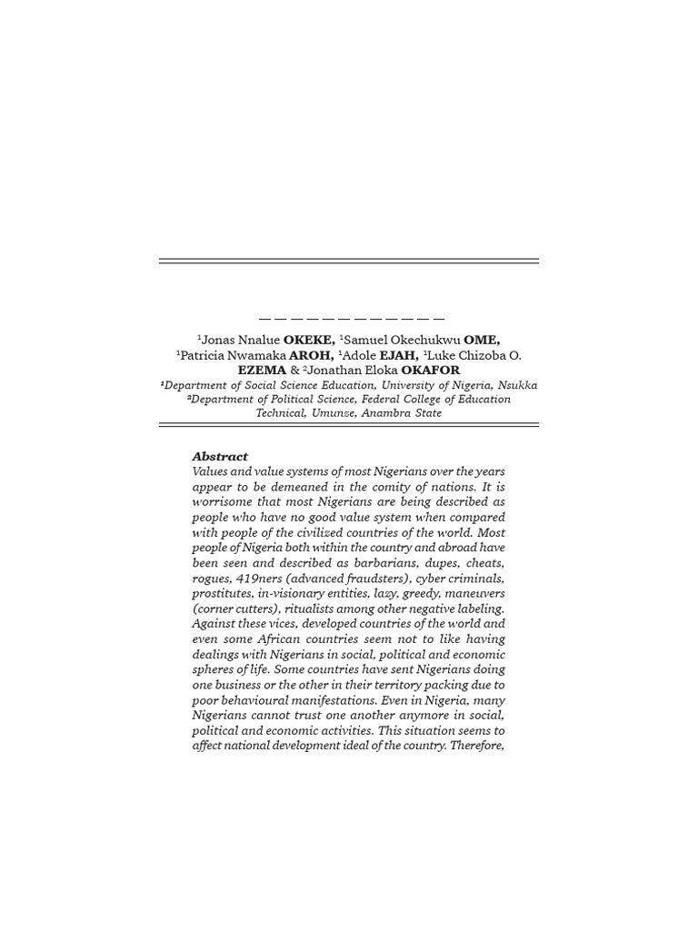 Values and Value Systems of Nigerians Implication For National ...