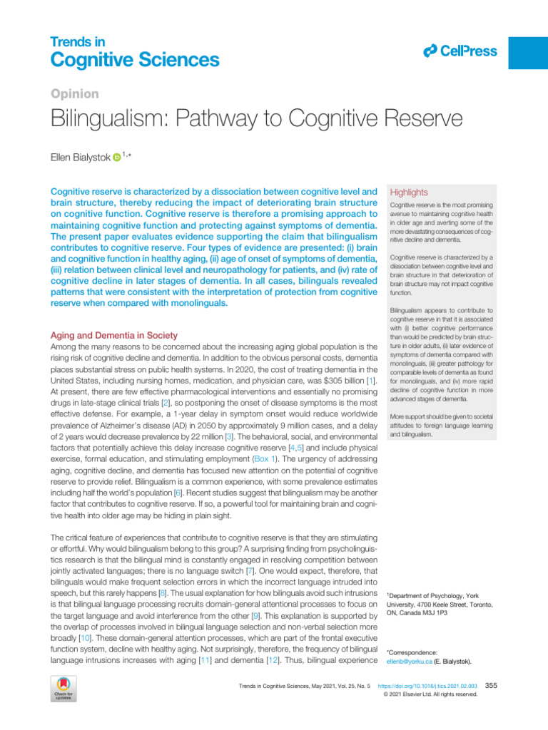 Bilingualism Pathway To Cognitive Reserve | PDF | Dementia | Ageing