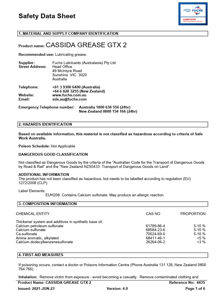 Cassida Grease GTX 2-Sds | PDF | Toxicity | Dangerous Goods