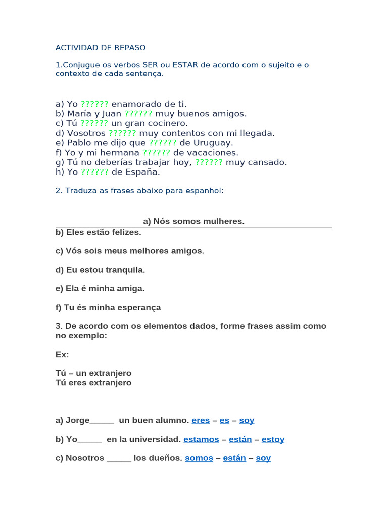 Actividades de repaso: Ser, Estar y Tener | PDF