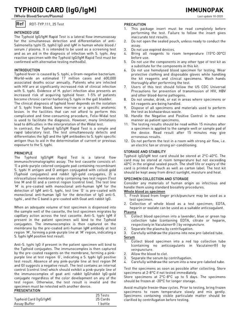 PMI094-TYPHOID-CARD-IgG-IgM | PDF | Blood Plasma | Immunoglobulin G