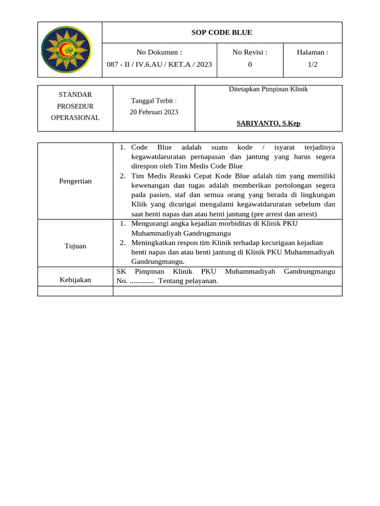 Sop Kode Blue | PDF | Pengembangan Diri | Sains & Matematika