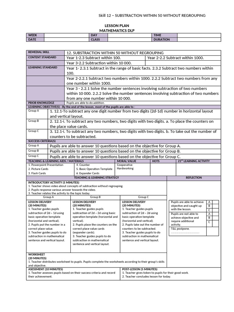 Subtraction Within 50: Lesson Plan | PDF | Educational Assessment ...